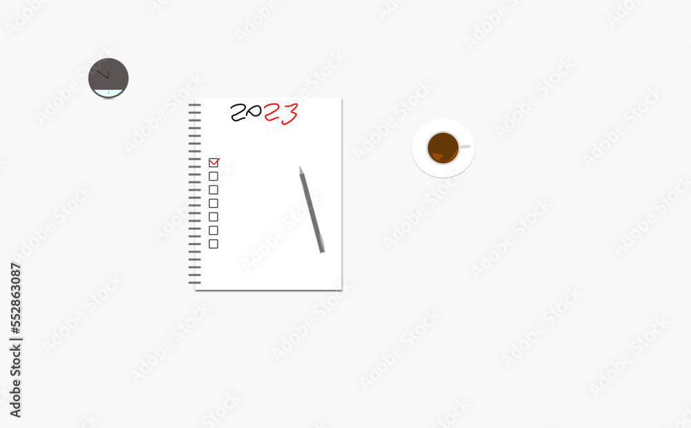 New year goals 2023 on desk. 2023 goals list with notebook, coffee cup ...