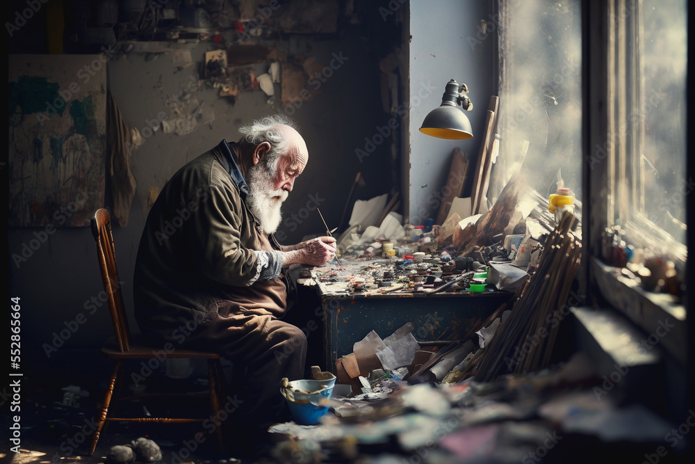 Mature old man painting in messy and cluttered art studio with natural ...