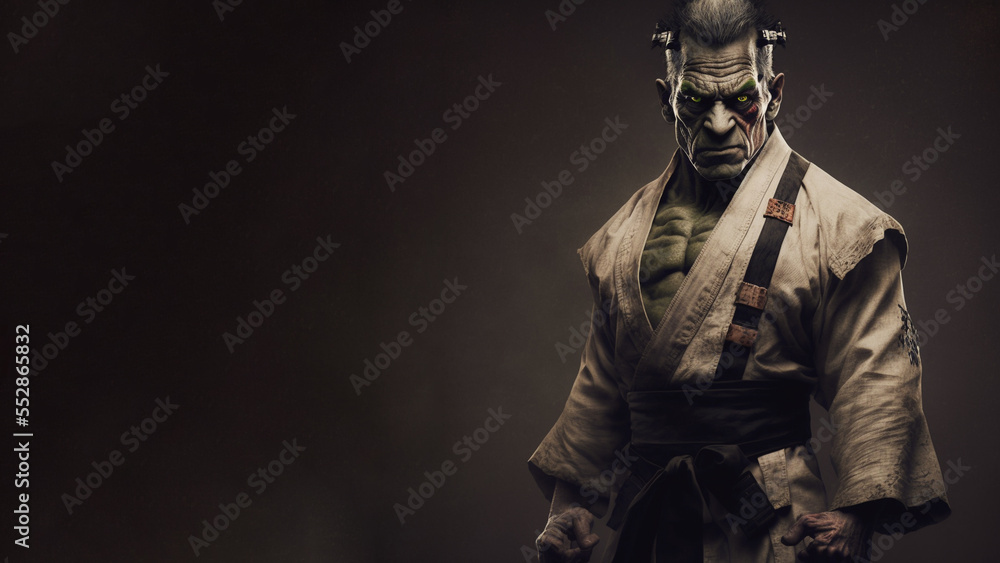 Muscular Frankenstein man wearing a karate gi with a black belt ...