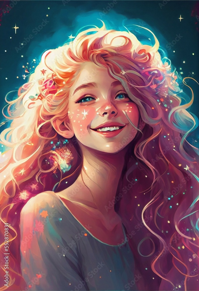 digital illustration, young woman girl long wavy cute, big eye adorable ...