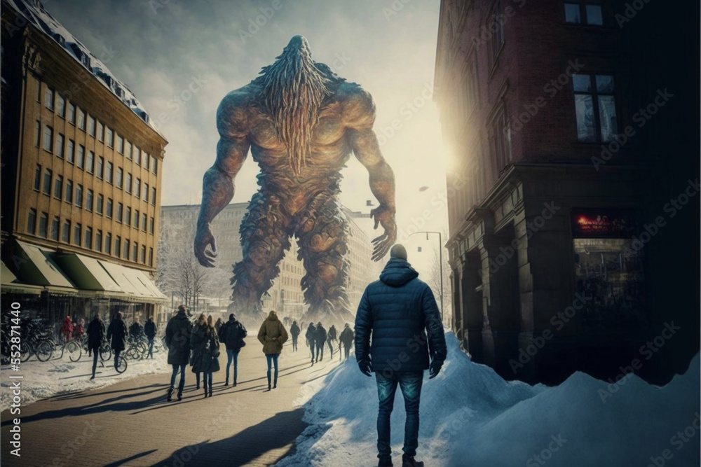 Horrible and scared alien monsters on the streets of a big city among ...