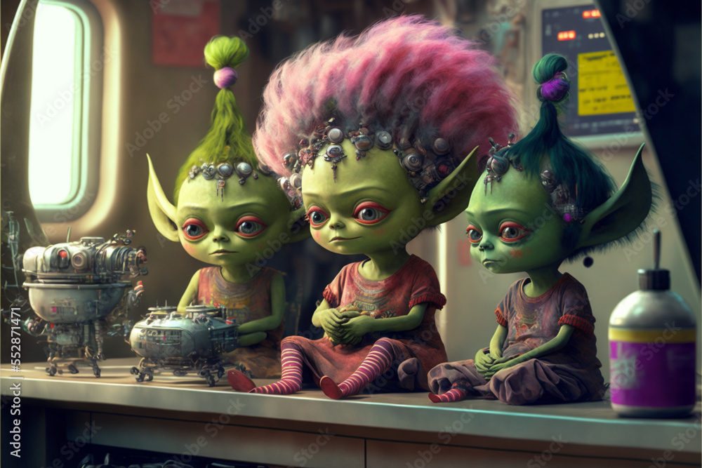 Cute little alien monsters with fantastic hair in a hairdressing saloon ...