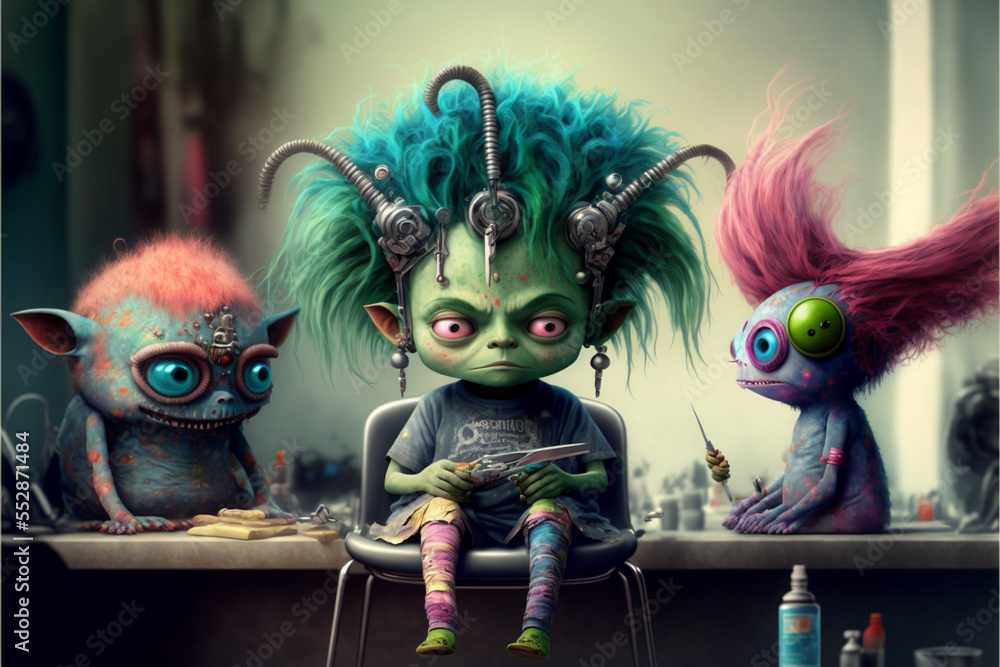 Cute little alien monsters with fantastic hair in a hairdressing saloon ...
