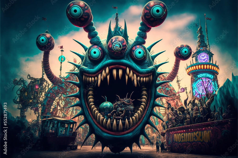 Group of scary alien monsters having fun at the amusement park ...