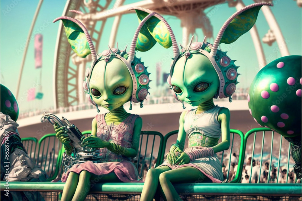 Group of cute little alien monsters having fun at the amusement park ...
