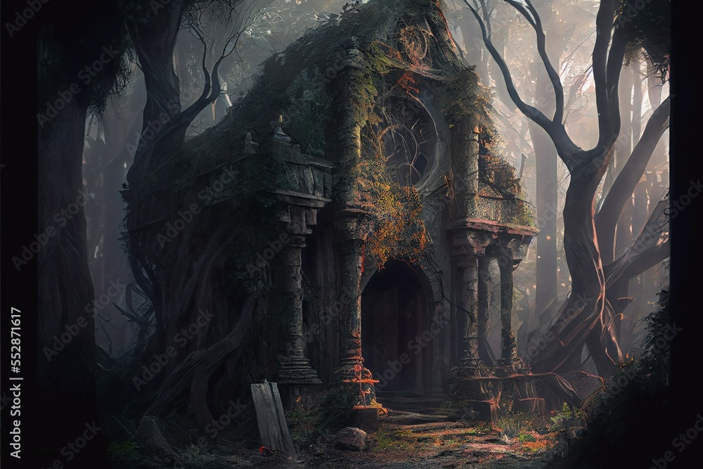 ruins in the woods, old crumbling church, cathedral, mansion house ...