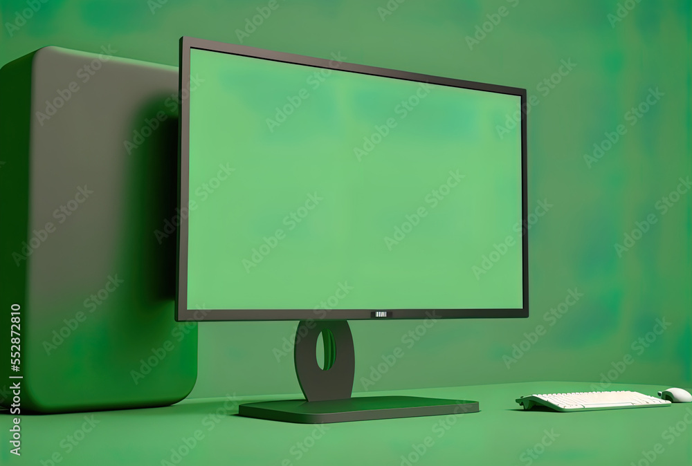 Close up of a green screen on a monitor and an empty desk. computer ...