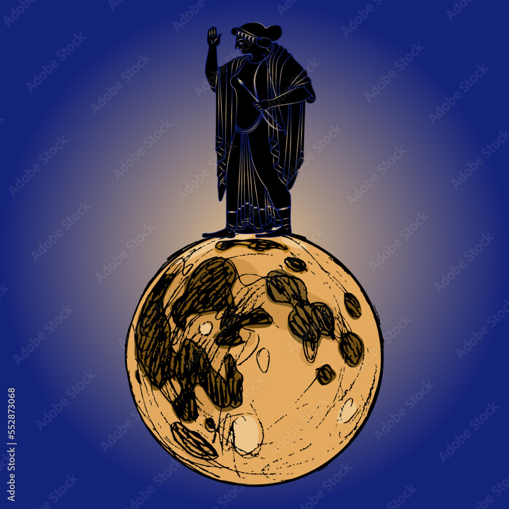 Ancient Greek lunar goddess Artemis standing on full moon in shining ...