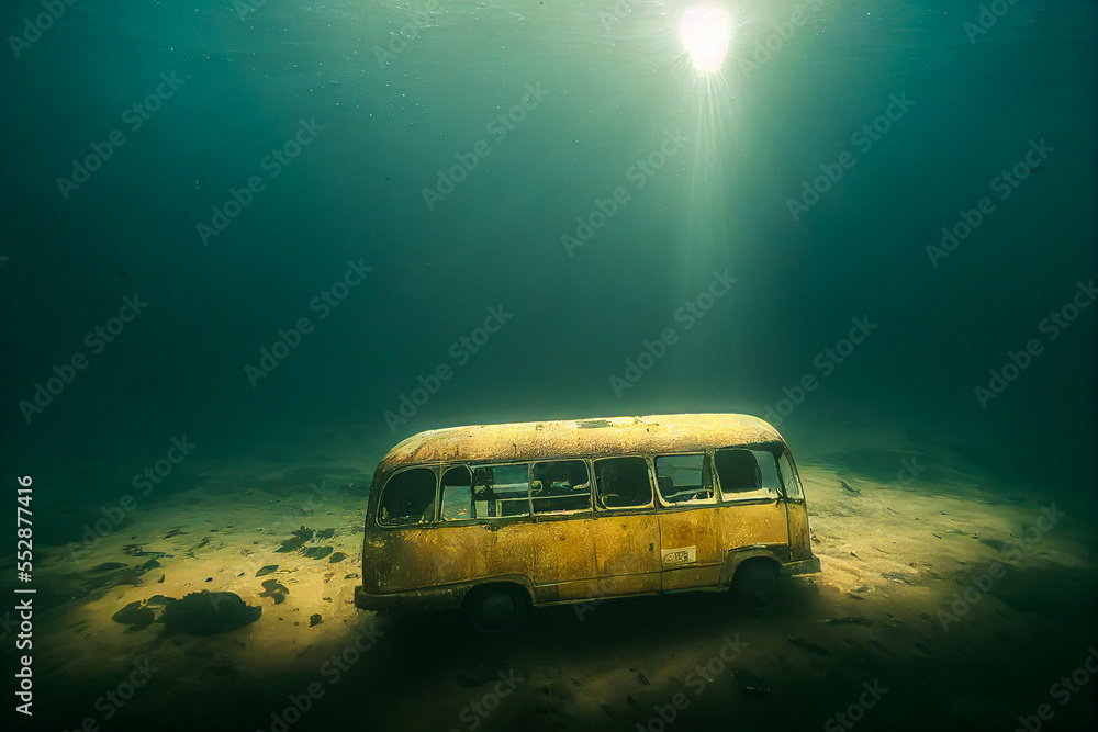 Derelict school bus visible at the bottom of a body of water, likely ...