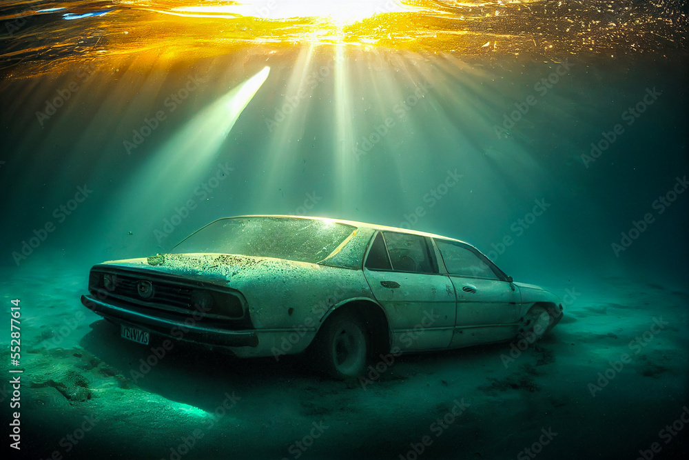 A vintage vehicle submerged in the depths of the ocean, illuminated by ...