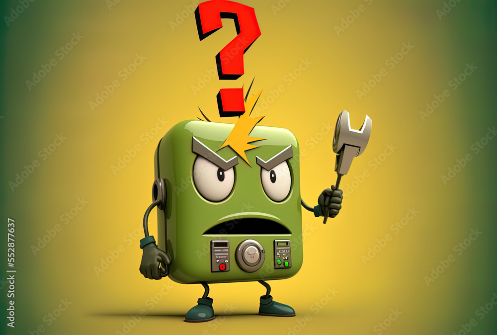 cartoon humanoid mascot with a question mark and an abstract battery ...