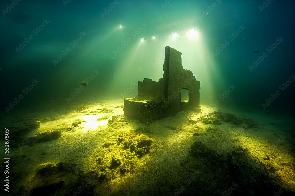 Underwater archaeological remains bathed in sunlight. Ancient columns ...