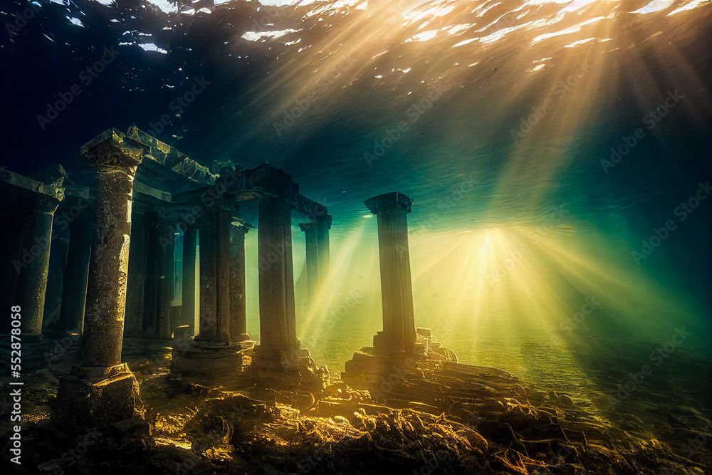 From ancient underwater columns and walls illuminated by sunlight ...