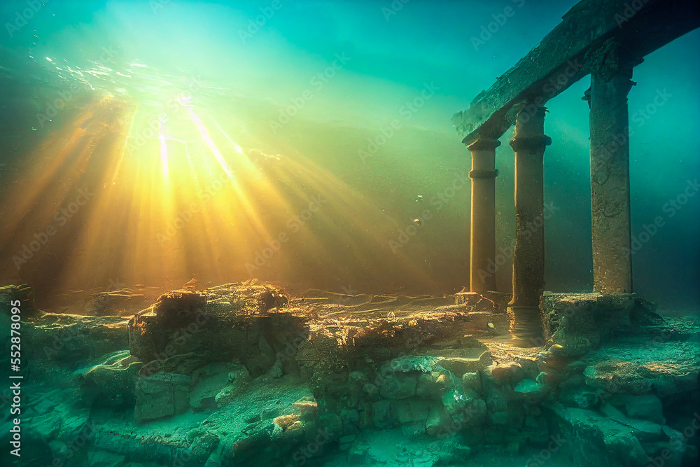Underwater archaeological ruins illuminated by the sun's rays; a mythical and ancient landscape ...