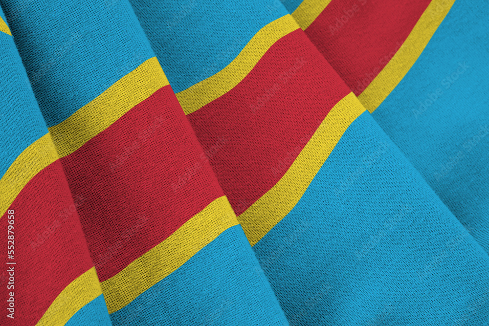 Democratic Republic of the Congo flag with big folds waving close up ...