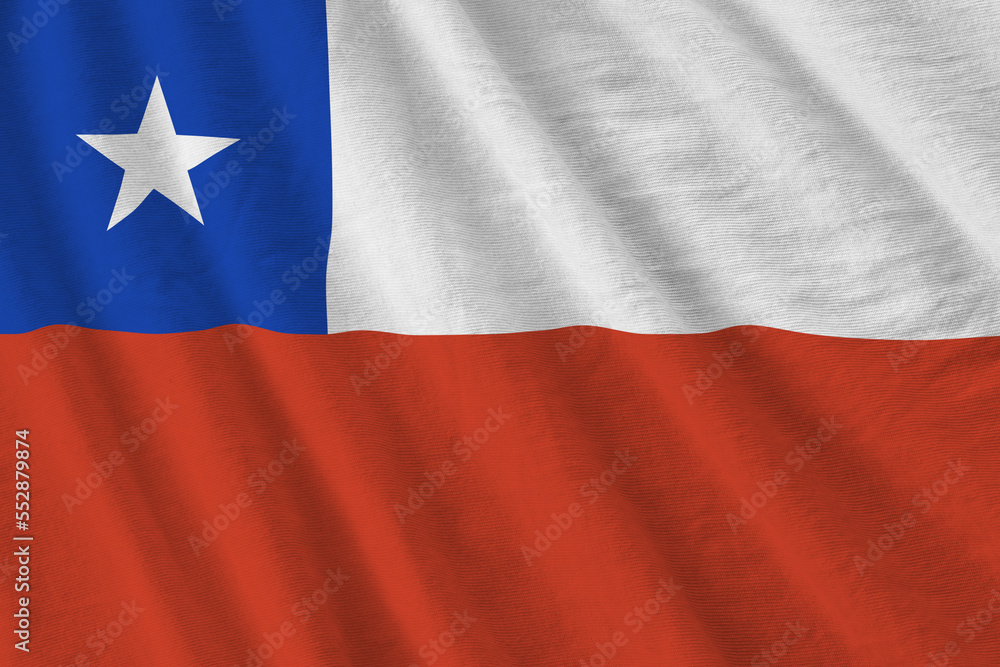 Chile flag with big folds waving close up under the studio light ...