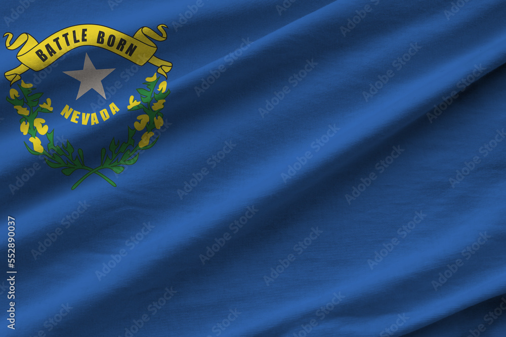 Nevada US state flag with big folds waving close up under the studio ...
