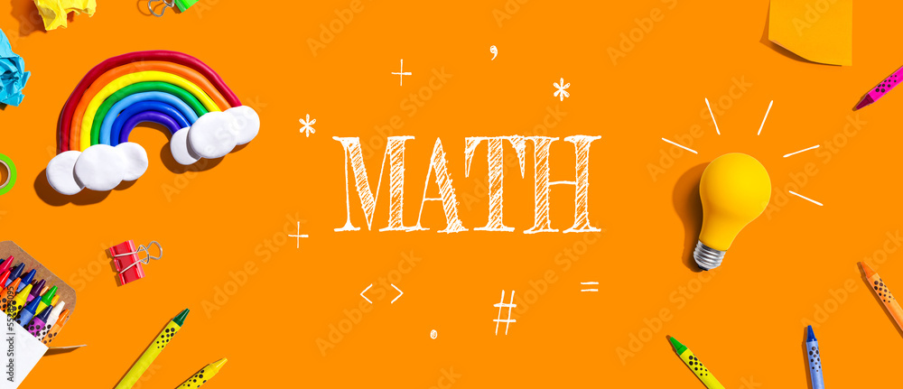 Math theme with school supplies overhead view - flat lay Stock Photo ...