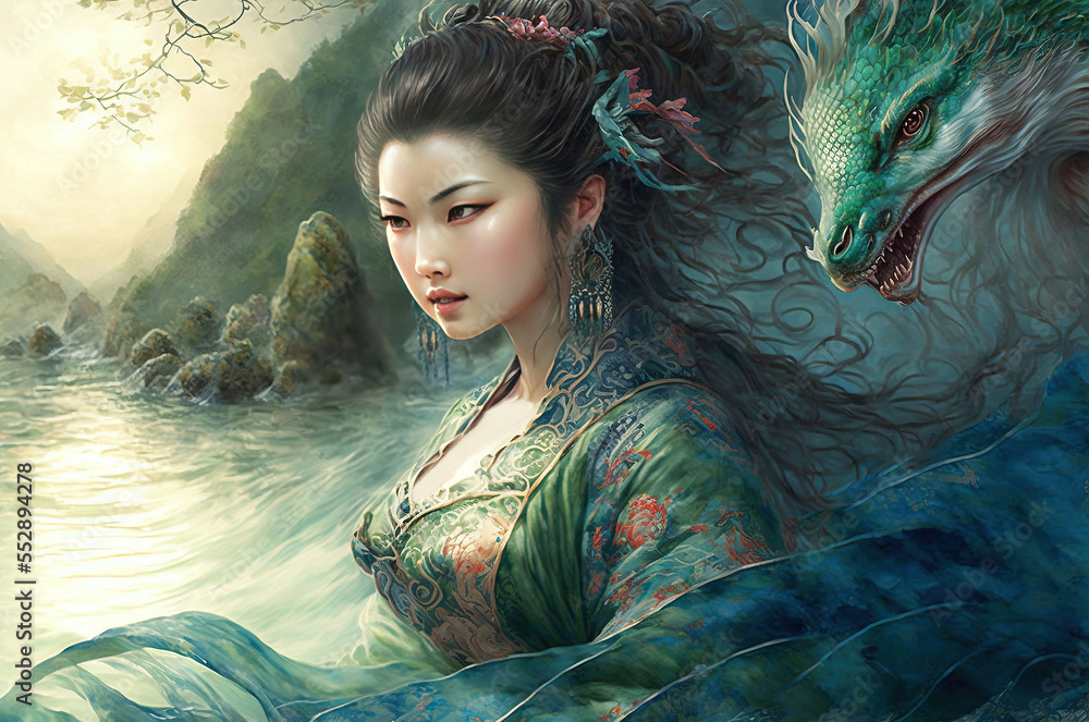 neo traditional chinese painting of Lady Green Snake Xiao Qing, Chinese ...
