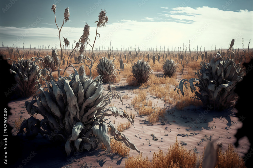 Dry field with dead crops as an effect of climate change. Created with ...