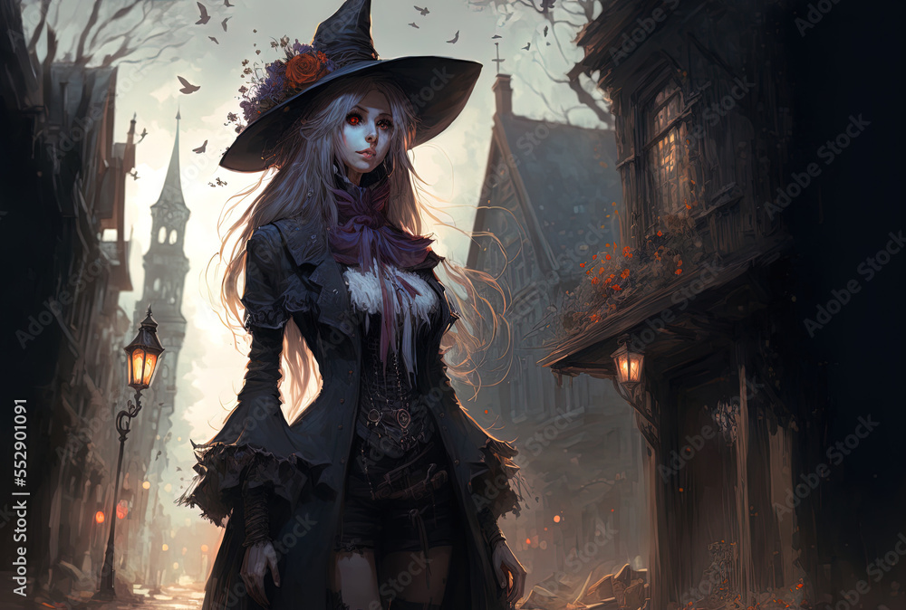 Pretty witch standing in the street. Generative AI Stock イラスト | Adobe Stock