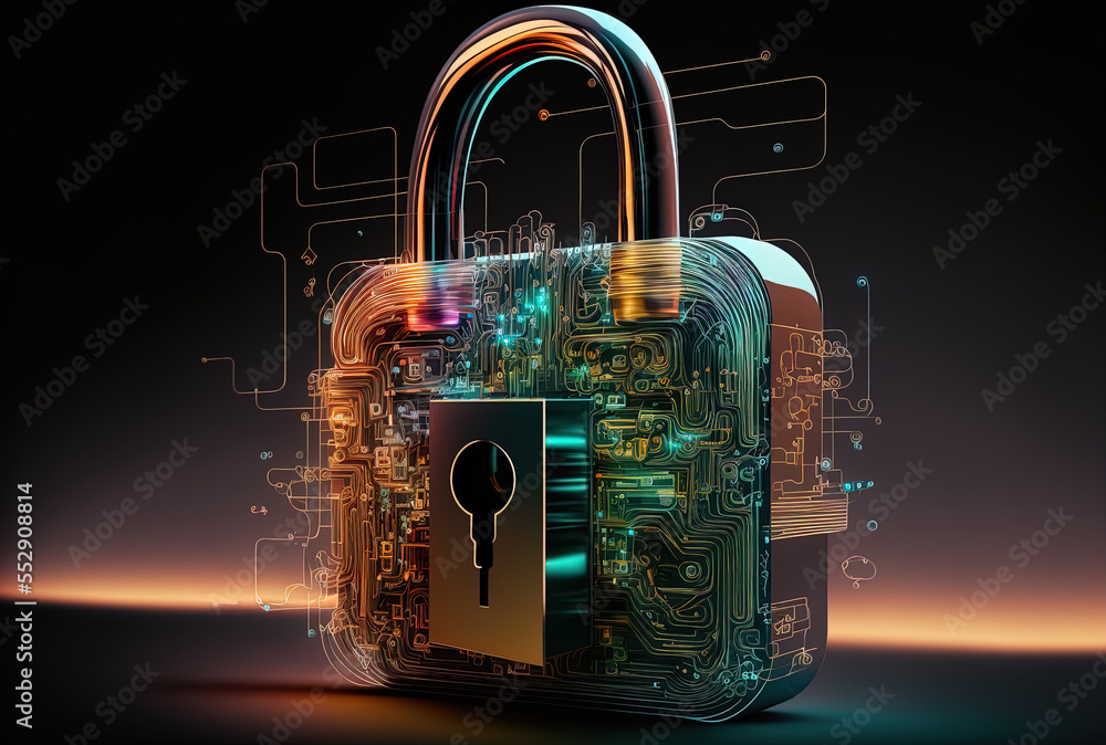 Poster Cybersecurity illustration of a light lock with a microcircuit ...