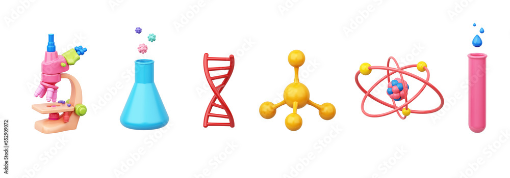 3D object model set is microscope, beaker, DNA Helix, molecule, atom ...