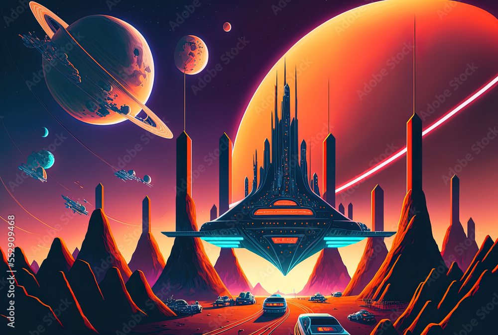 Science fiction artwork depicts a futuristic metropolis with neon ...
