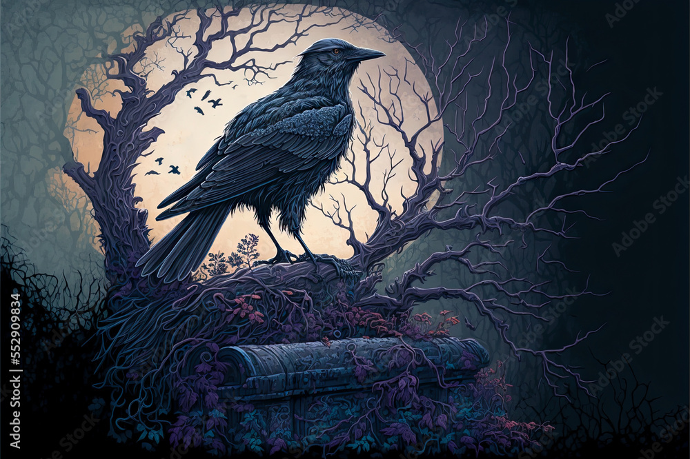 Stylized Raven in Graveyard Silhouetted by Moonlight Stock Illustration ...