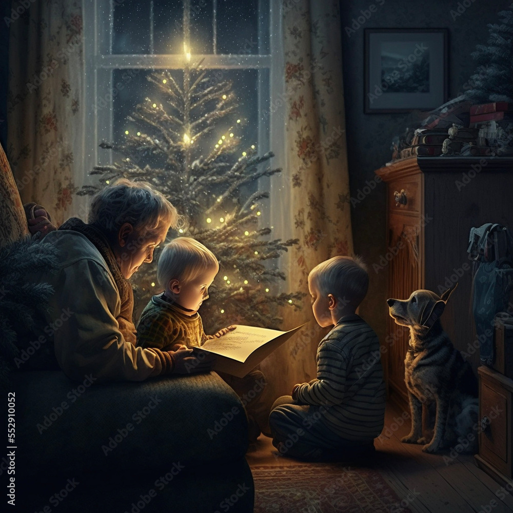 Grandpa reading story at Christmas created with Generative AI Stock ...