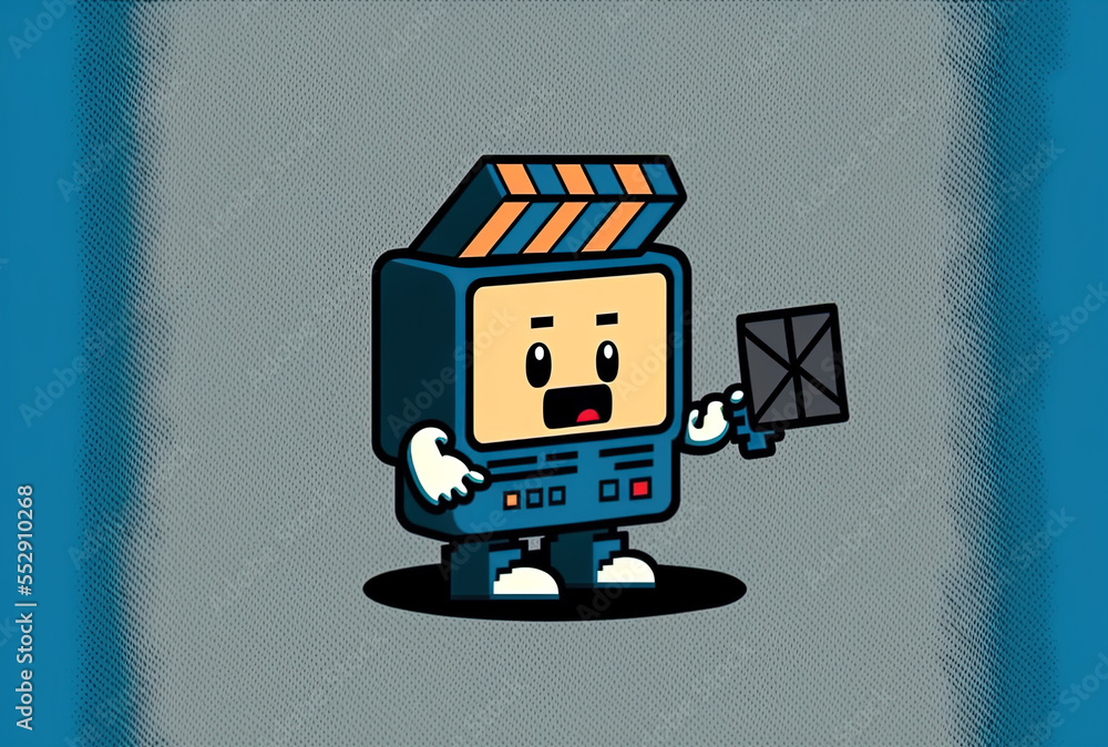 Character with a pixelated hand cursor and a movie clapper board ...