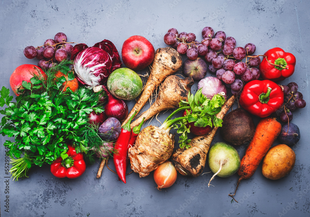Food background with vegetables, root crops and fruits in string bag ...
