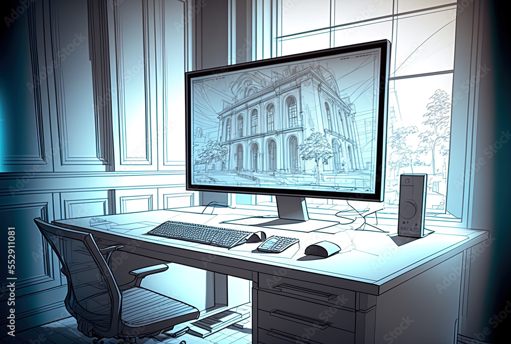 A close up of a workstation in an architectural office with ...