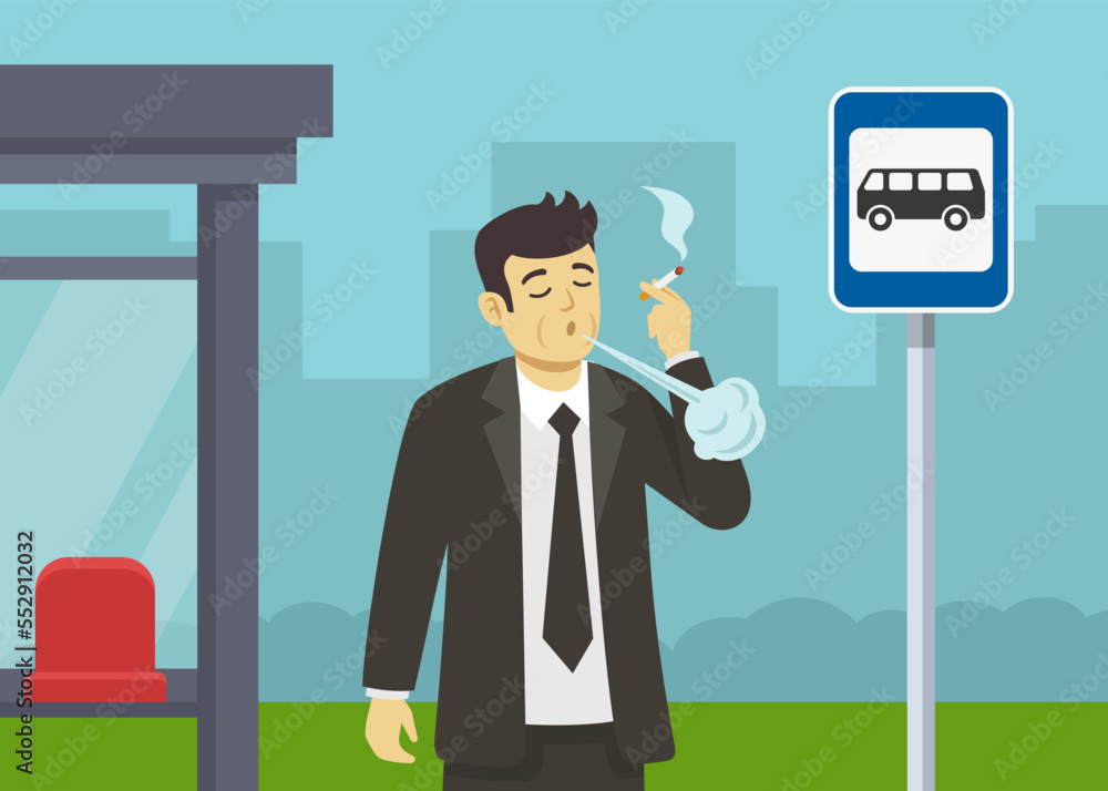 Smoking cigarettes in public place prohibited. Male character holding ...