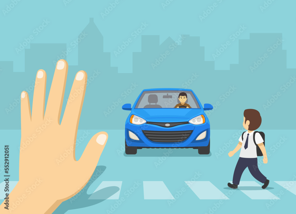 Safe driving tips and rules. Close-up view of a hand gesturing stop for ...