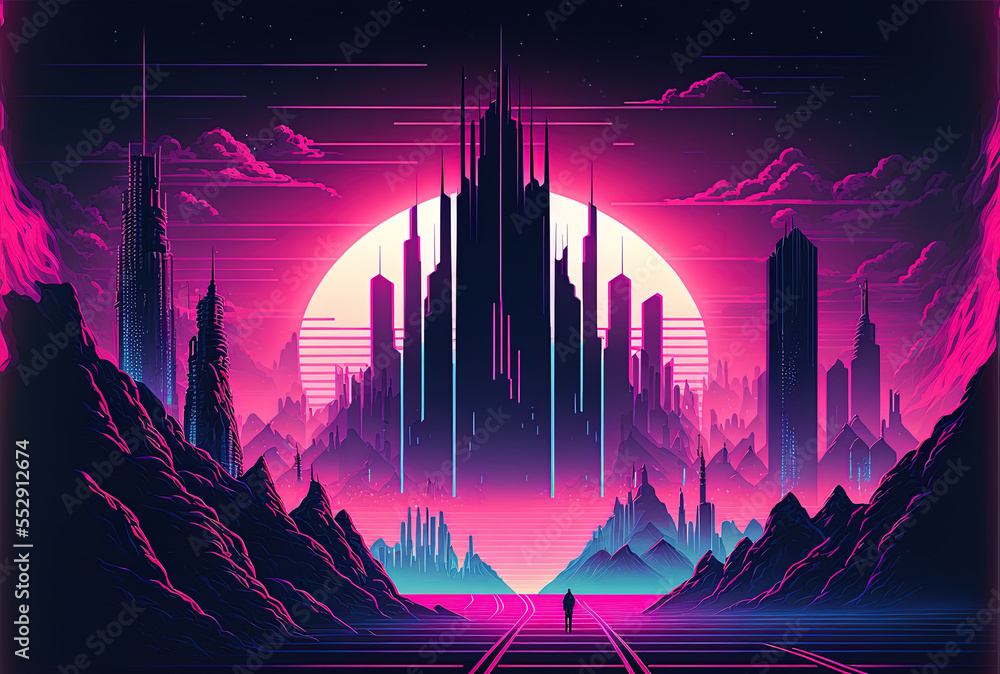 metaverse synthwave retrowave cyberpunk neon landscape with shimmering ...