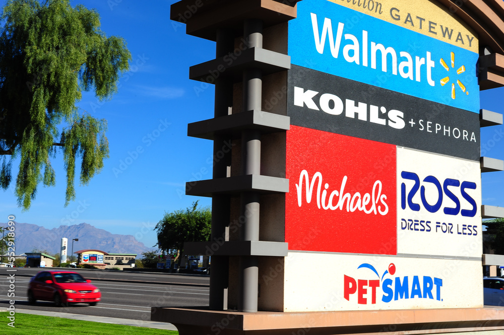Signage of multiple retail chain stores at a shopping mall in Mesa ...