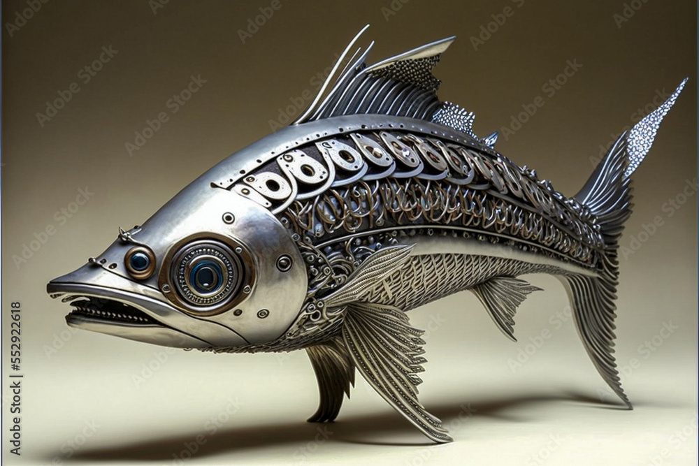 Metal fish toy with many mechanical gears and devices. Desktop sized ...