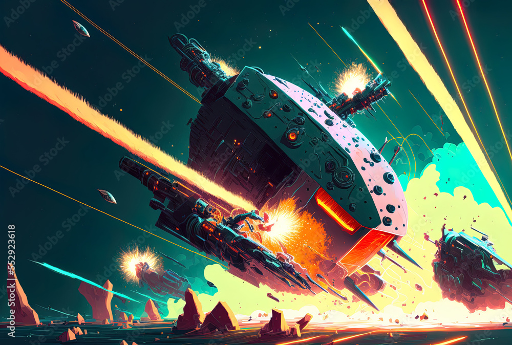 Illustration of a space conflict in which dueling spacecraft are firing ...