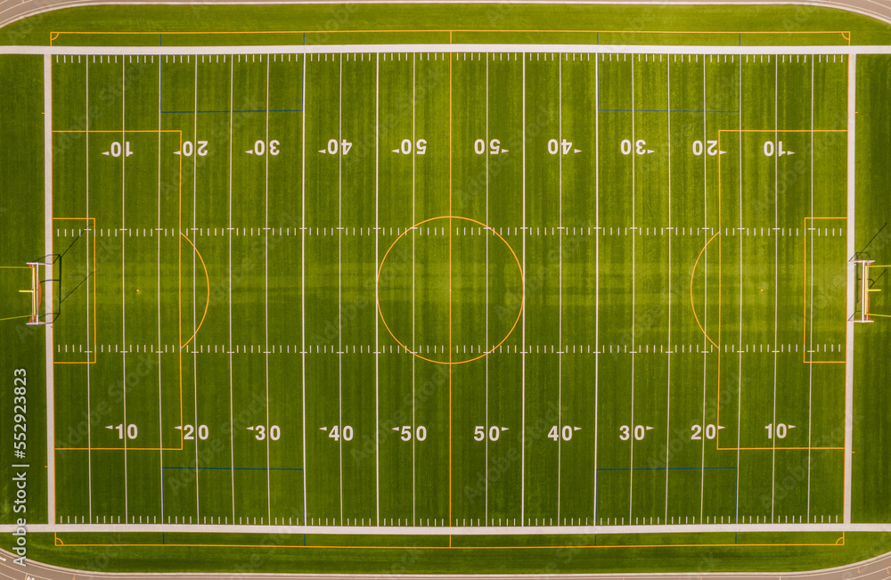Soccer field top straight down aerial shot. Empty football playground ...