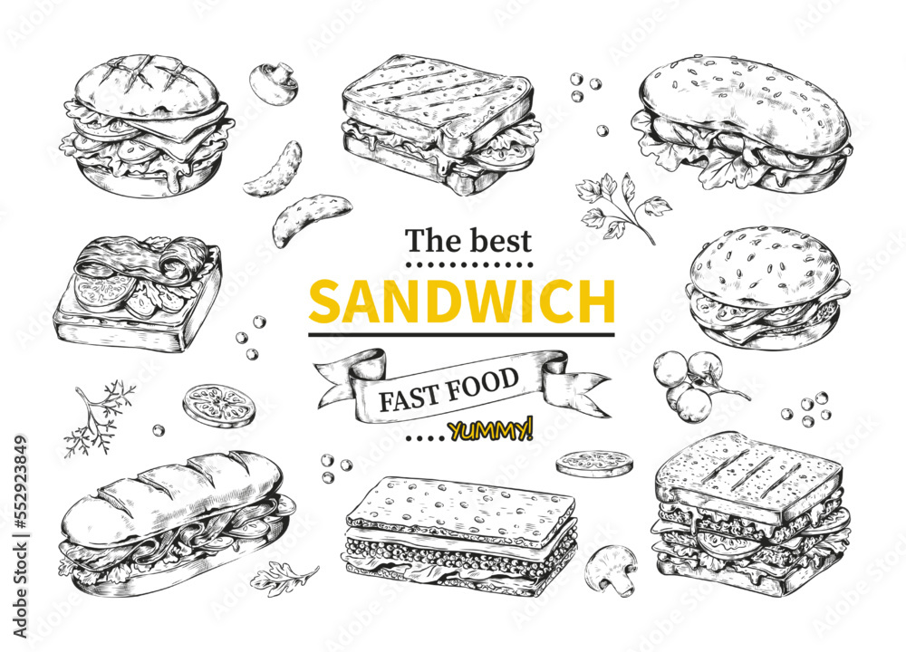 Sandwich sketch. Bagel and bruschetta. Breakfast wrap. Vintage doodle ...