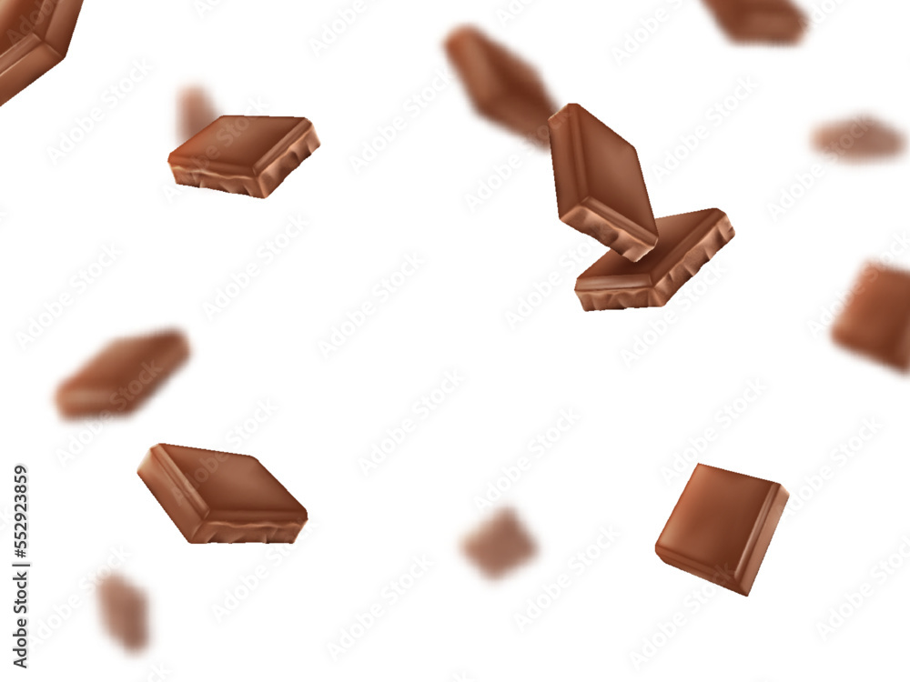 3d chocolate background, flying bars. Sweet milk candy cubes, chunk ...