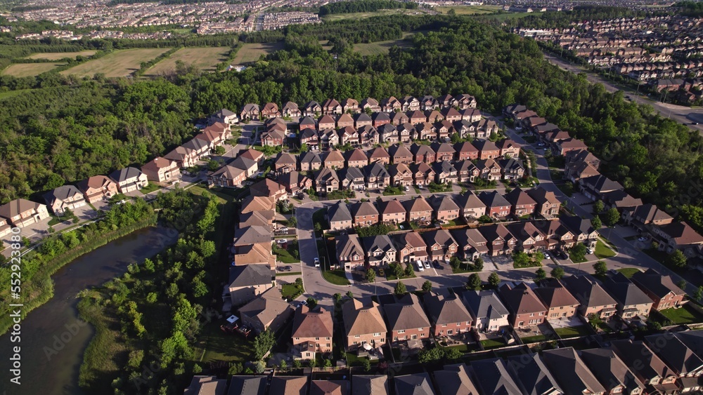 Aerial footage of Canadian town showing suburban housing estates in ...