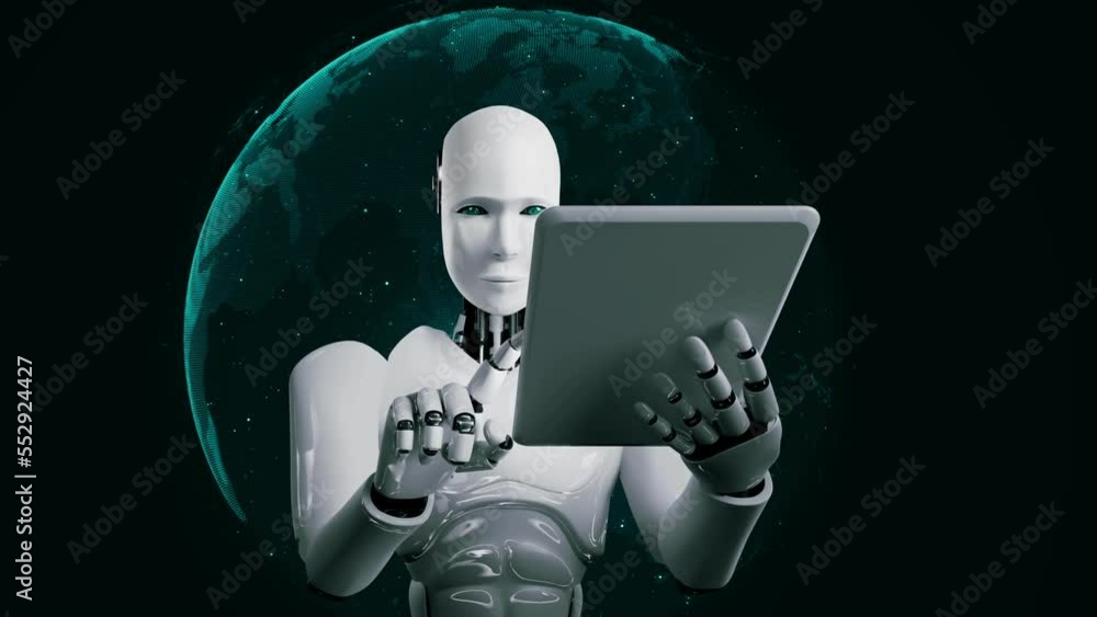 Video Stock Robot hominoid using tablet computer for global network connection using AI thinking ...