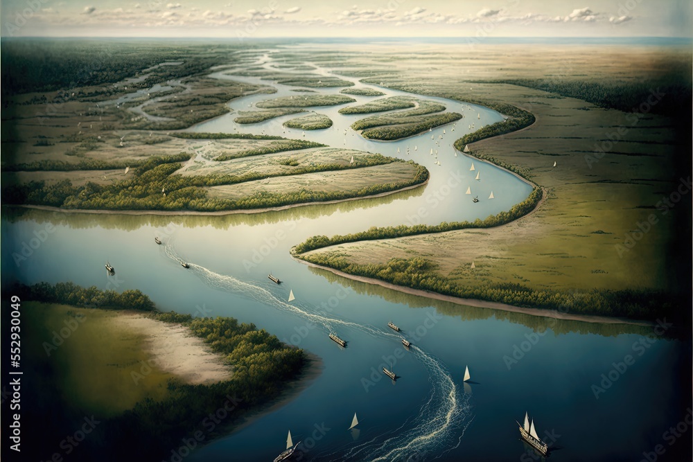 a painting of a river with boats on it and a sky background with clouds ...