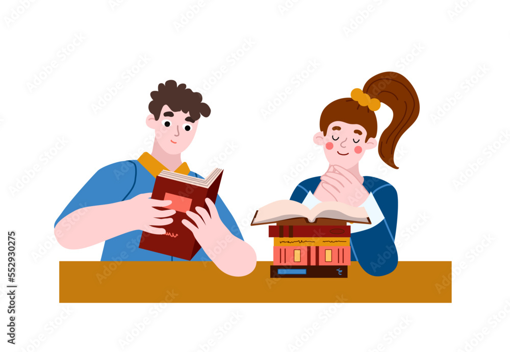 Students in cartoon style read education books. Flat style boy get new ...
