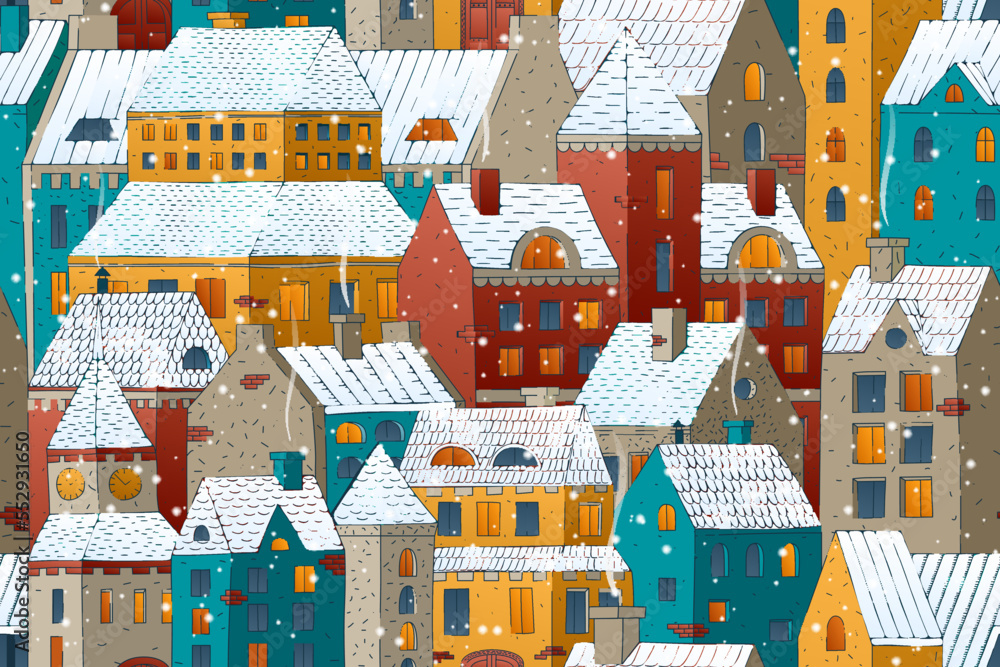 Old winter town seamless background. Hand drawn colorful houses with ...