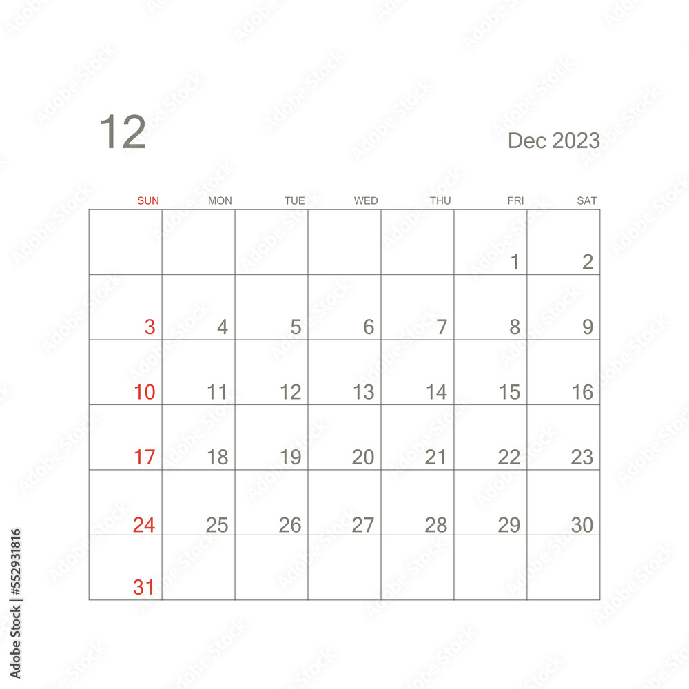 December 2023 calendar page on white background. Calendar background ...
