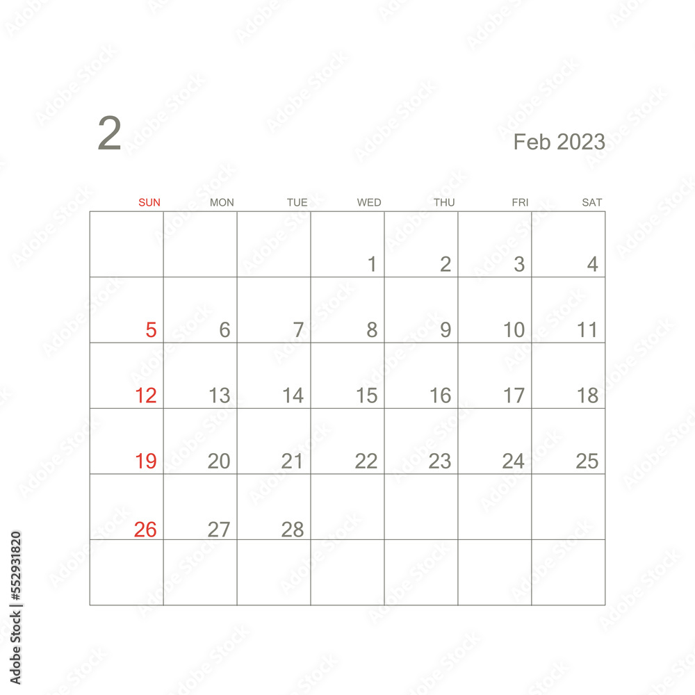 February 2023 calendar page on white background. Calendar background ...