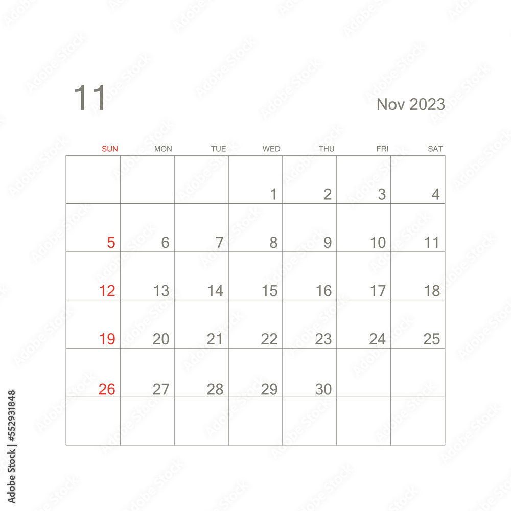 November 2023 calendar page on white background. Calendar background ...